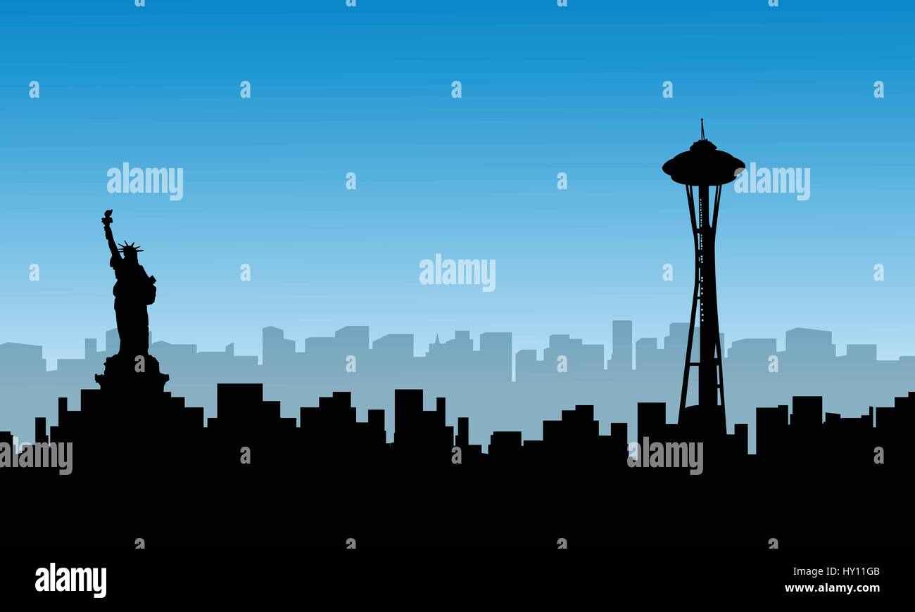 Silhouette of USA building liberty statue scenery vector illustration ...