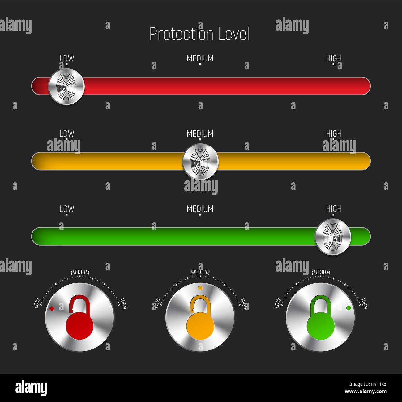 set of sliders and round buttons for different levels of protection ...
