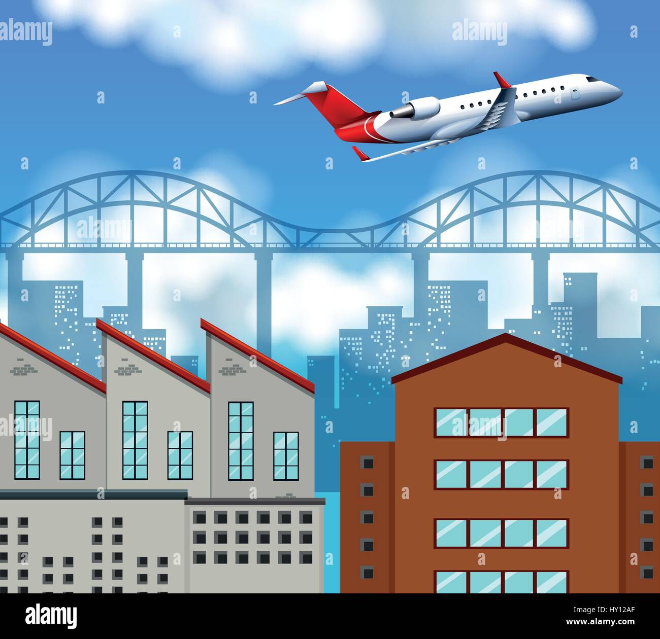 Plane flying above the city illustration Stock Vector Image & Art - Alamy