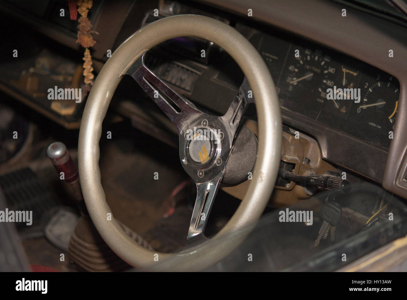 Steering wheel inside an old rusted car Stock Photo - Alamy