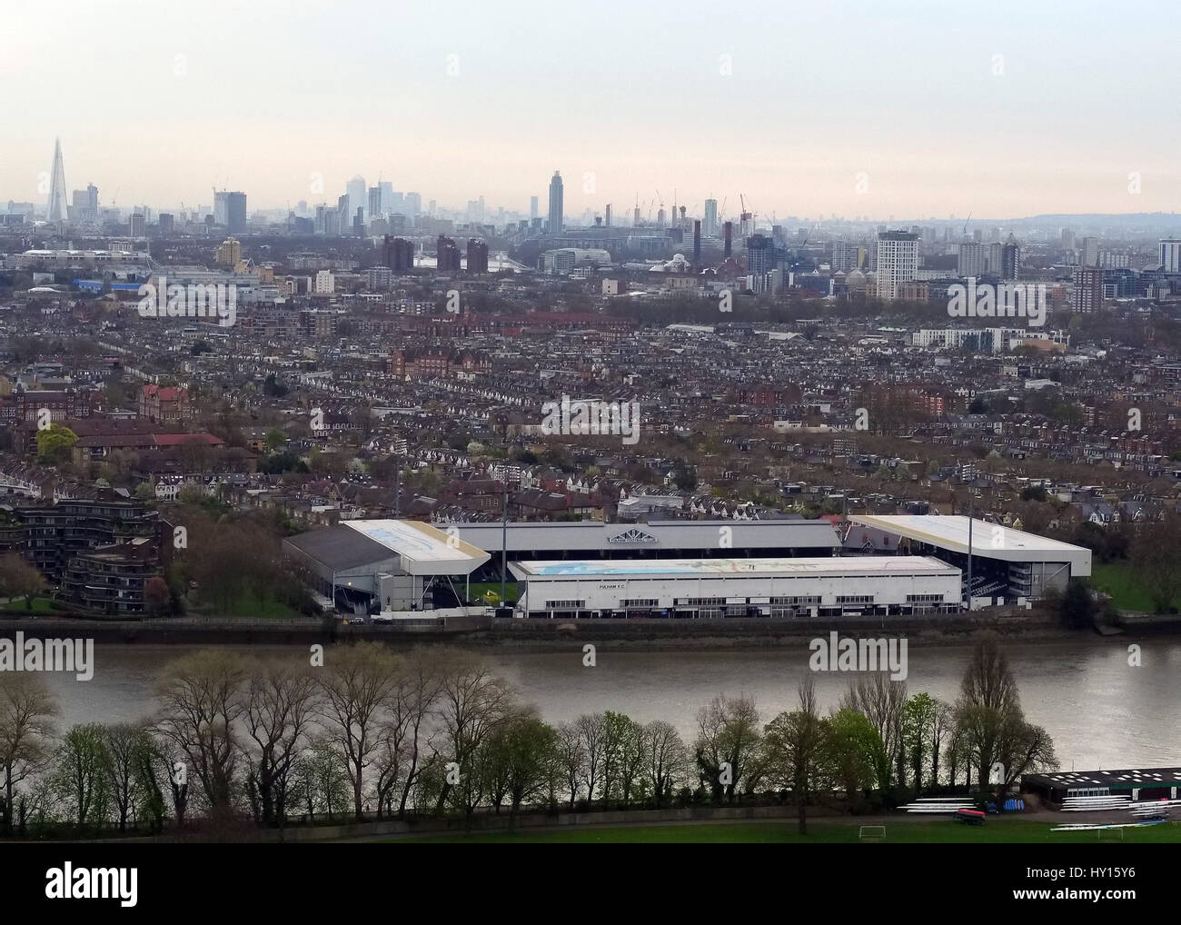 An aerial view of the River Thames and Fulham Football Club in London ...