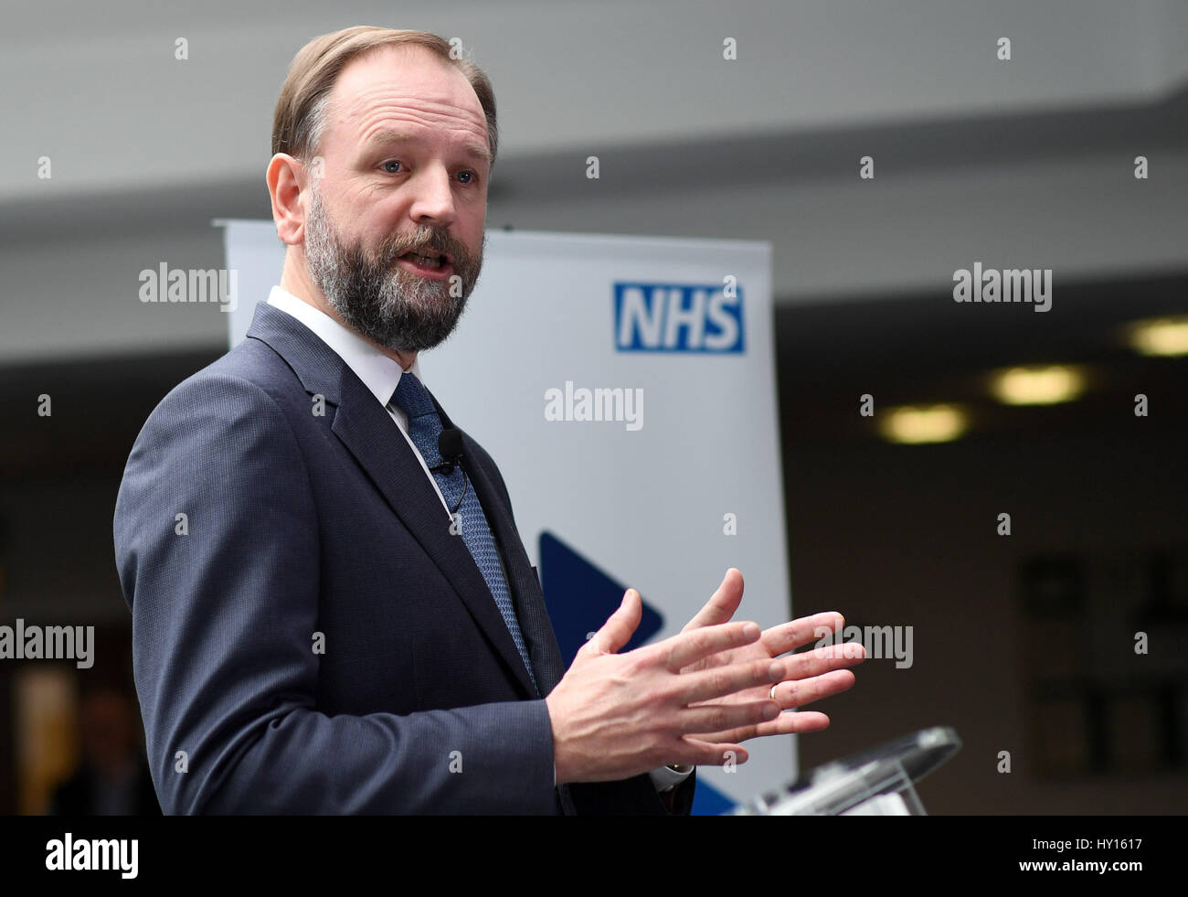 NHS England's chief executive Simon Stevens addresses staff during the ...