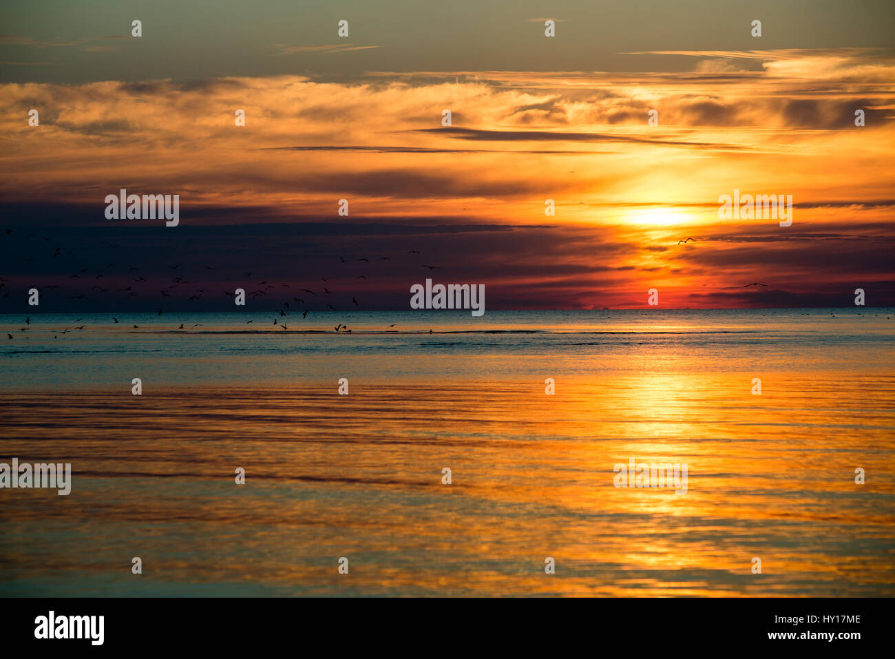Beautiful sunset over the sea with clouds and reflections Stock Photo ...