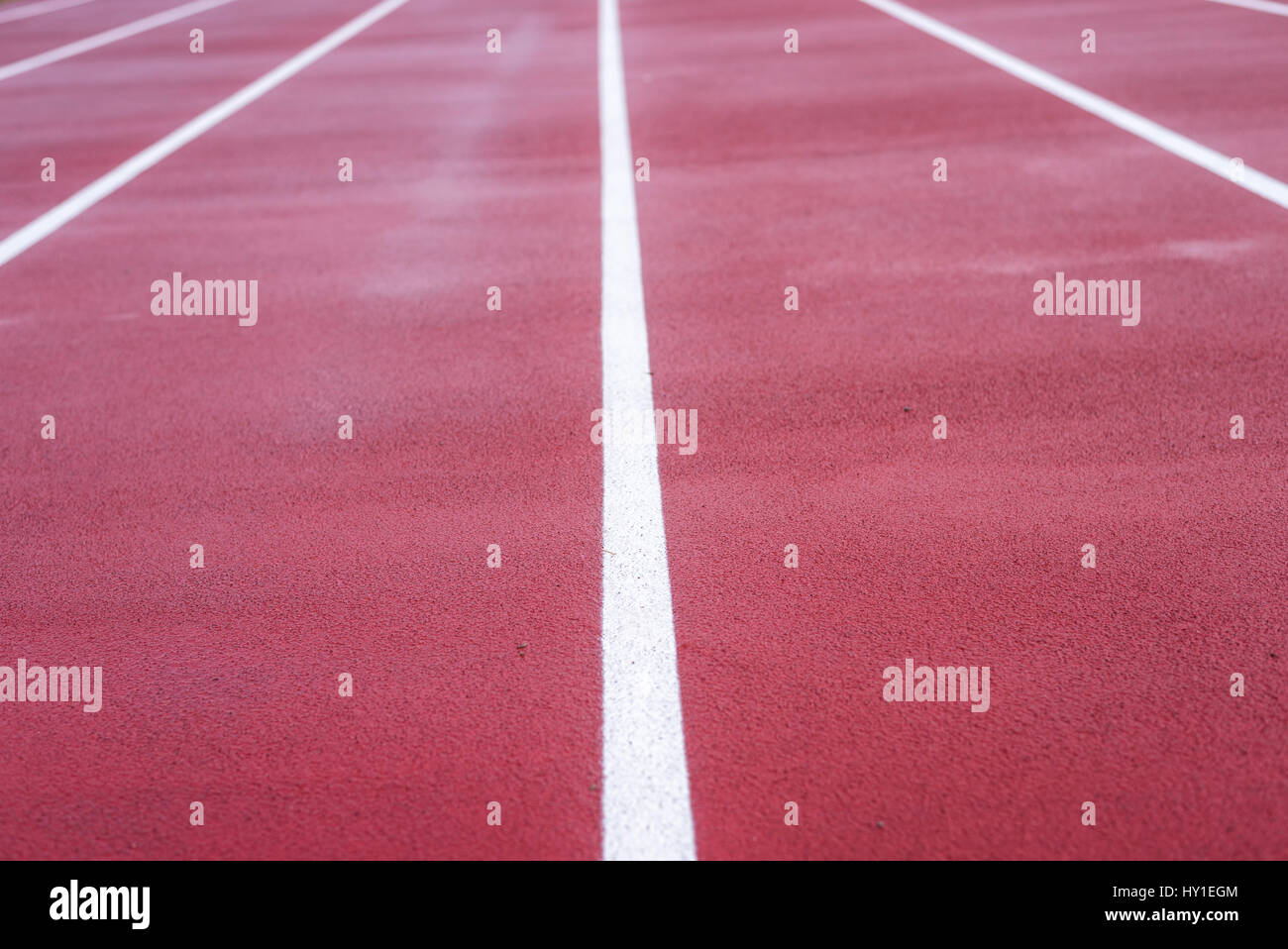 White lines on a wet red rubberized running track disappear into the ...