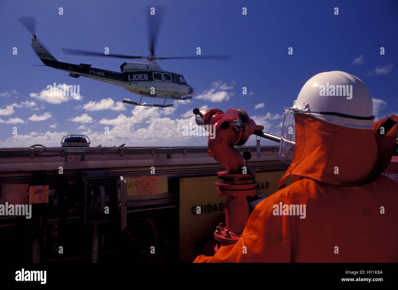 Fire extinguisher, fire prevention operation during helicopter landing ...