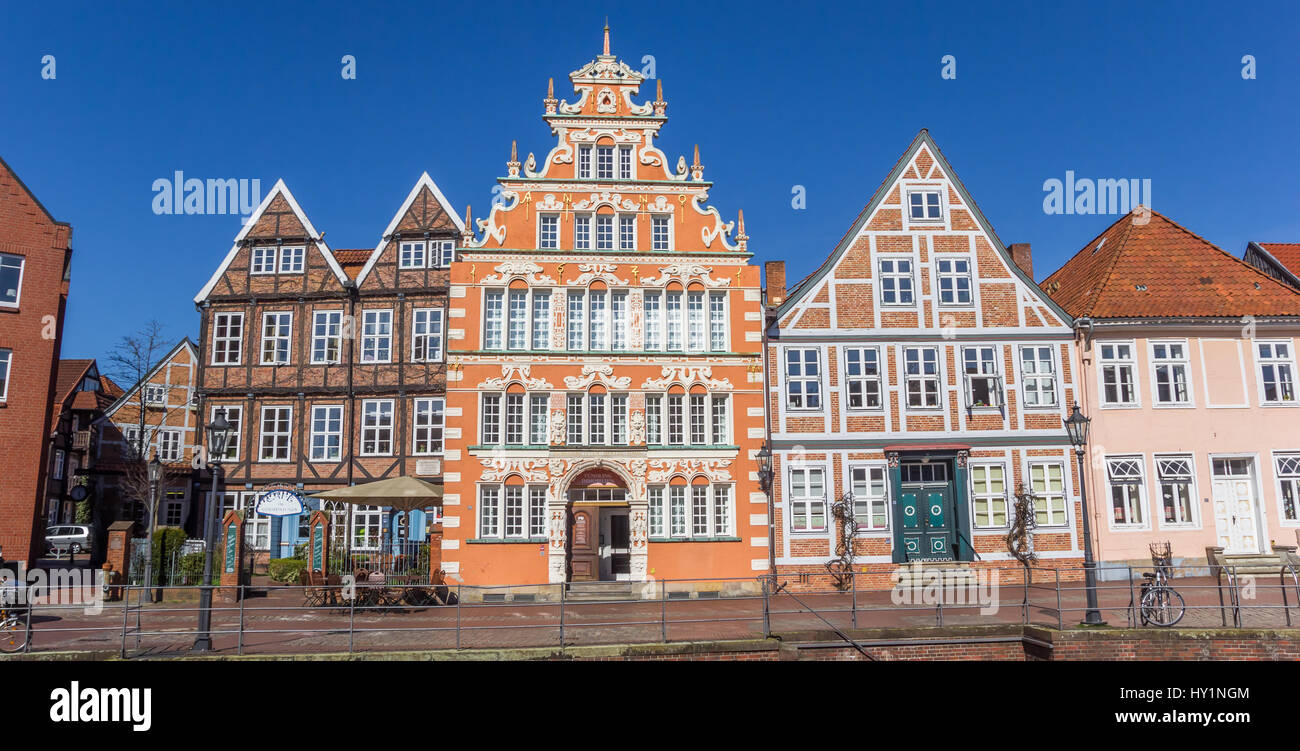 Panorama of historical facades at the old harbor of Stade, Germany ...