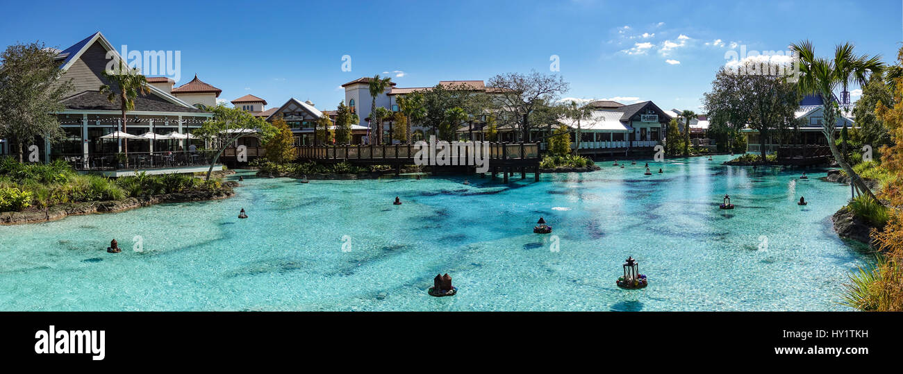 View across the lake in Disney Springs, Florida Stock Photo - Alamy
