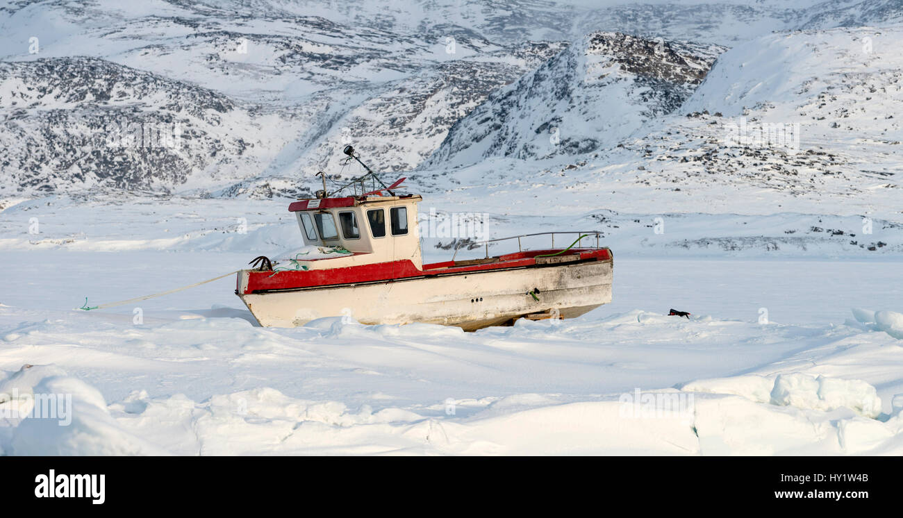 A fishing boat marooned in the sea ice in the harbour at Rodebay in ...
