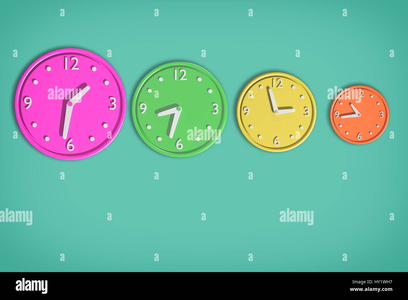 3d rendering of a composition with a lot of colored clocks on green ...