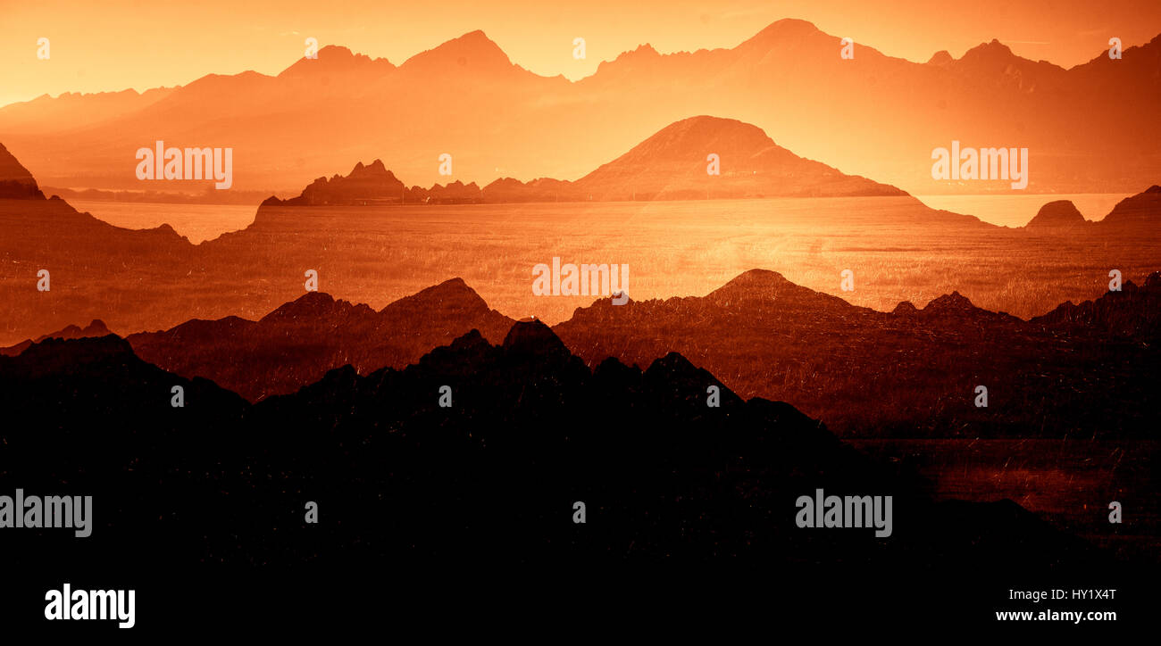 A beautiful, colorful, abstract mountain landscape in a red tonality ...