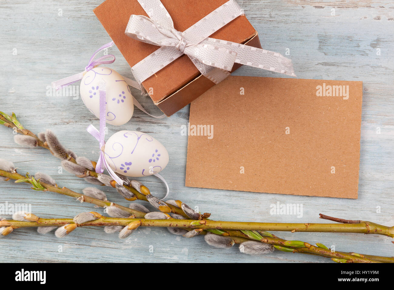Traditional easter background with gift and blank label from above on ...