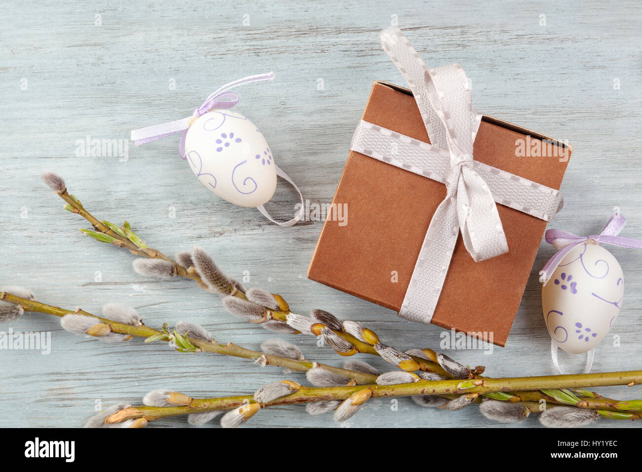 Traditional easter background with gift box with ribbon from above on ...