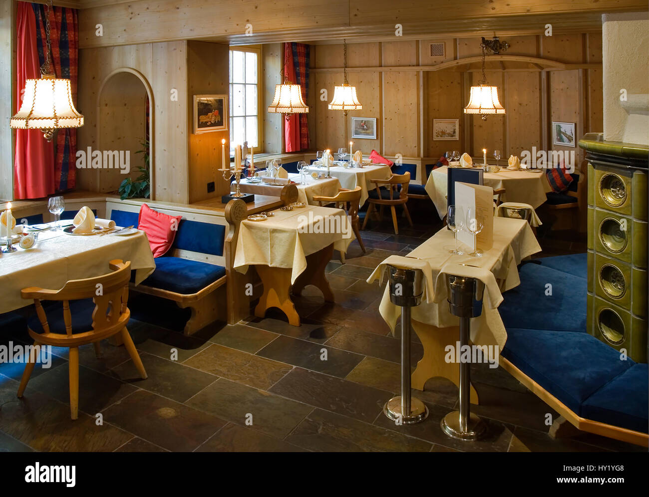 This Stock Photo shows a candle light dinner set of a typical Swiss ...