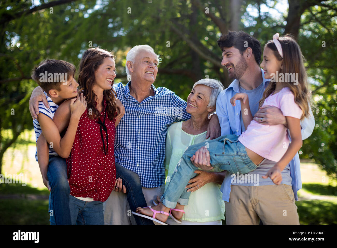 Smiling family posing together in a park on sunny day Stock Photo - Alamy