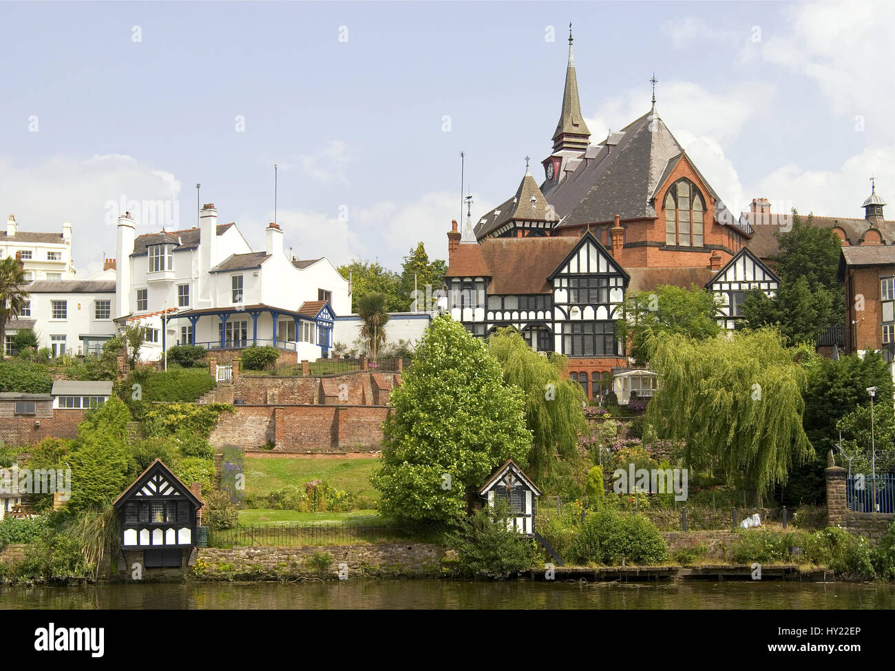 Historical riverside mansions at the River Dee in Chester, Chesire ...