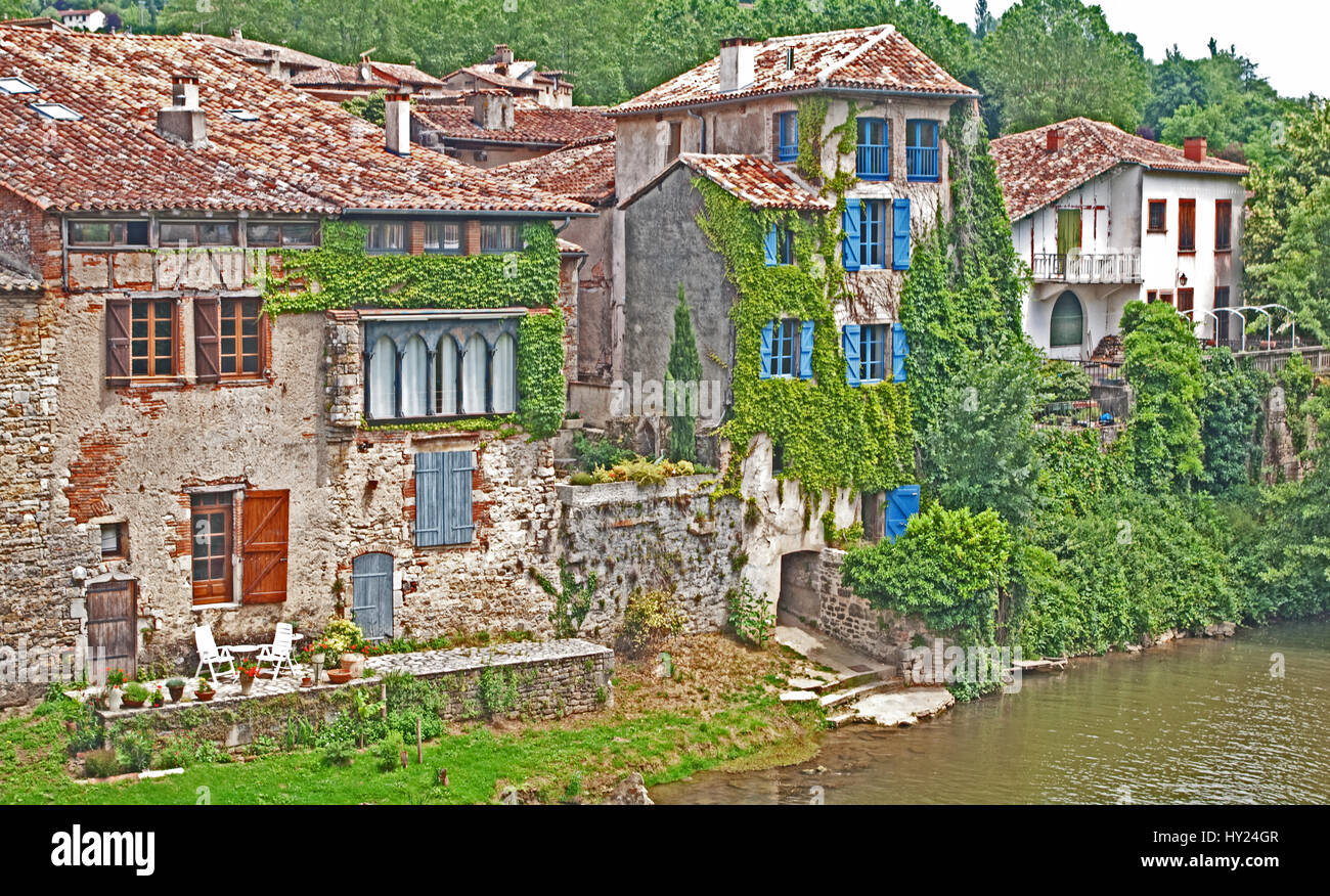 St Antonin Val, Pyrenees, France, Europe, Houses and Flats by River ...