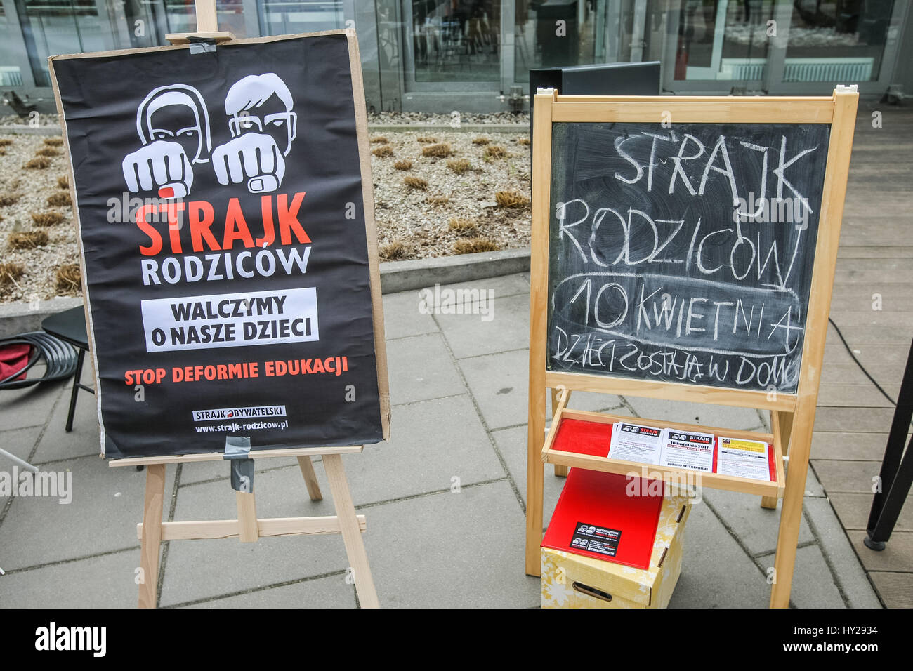 Gdynia, Poland. 31st Mar, 2017. Anti-reform banner with slogans ...