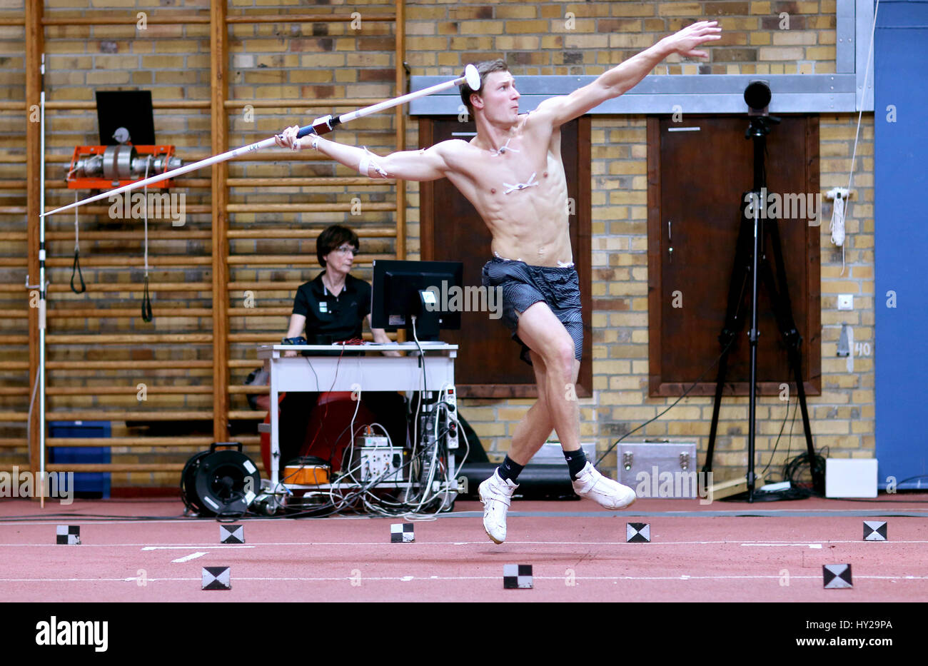 Thomas Roehler, olympic javelin throwing champion, throws a test ...