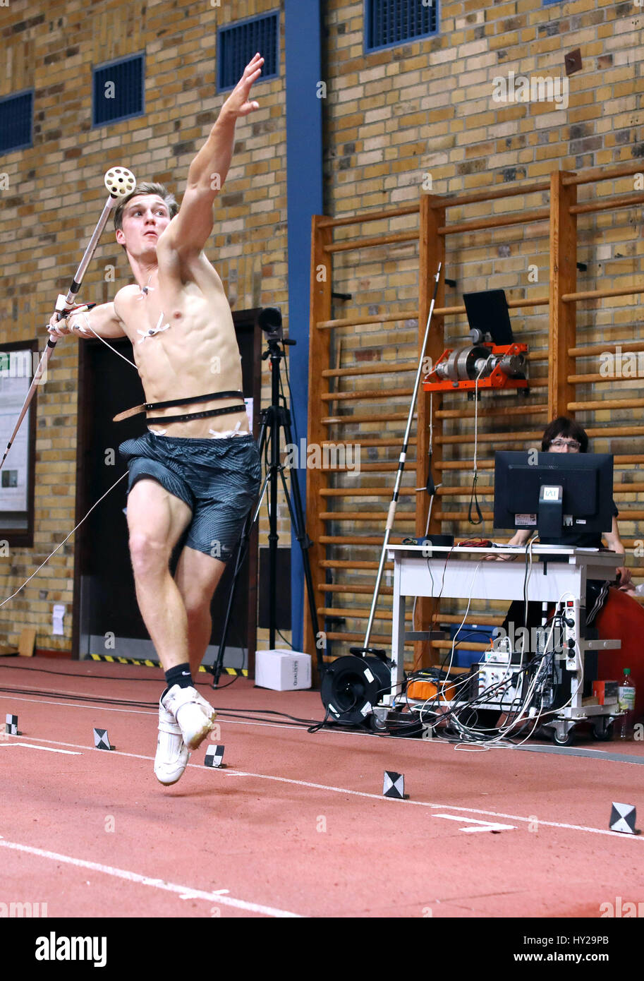 Thomas Roehler, olympic javelin throwing champion, throws a test ...