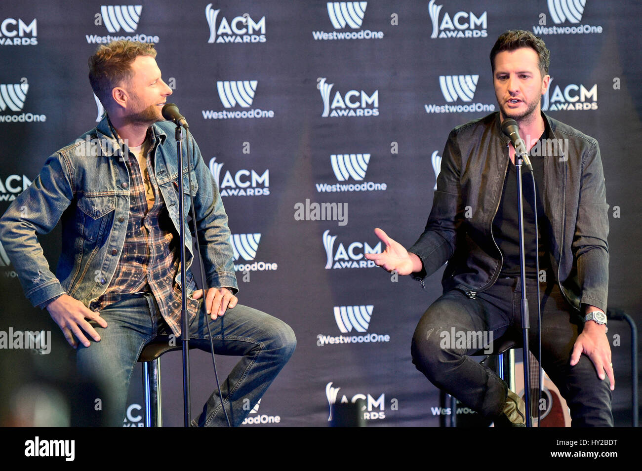 Las Vegas, NV, USA. 31st Mar, 2017. Dierks Bentley and Luke Bryan speak ...