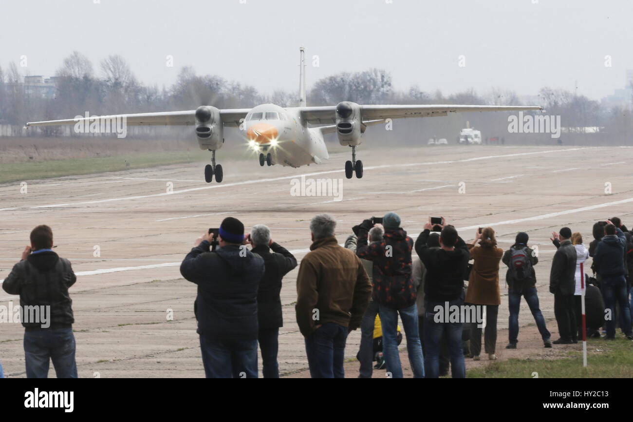 Kiev, Ukraine. 31st Mar, 2017. An An-132 light transport plane takes ...