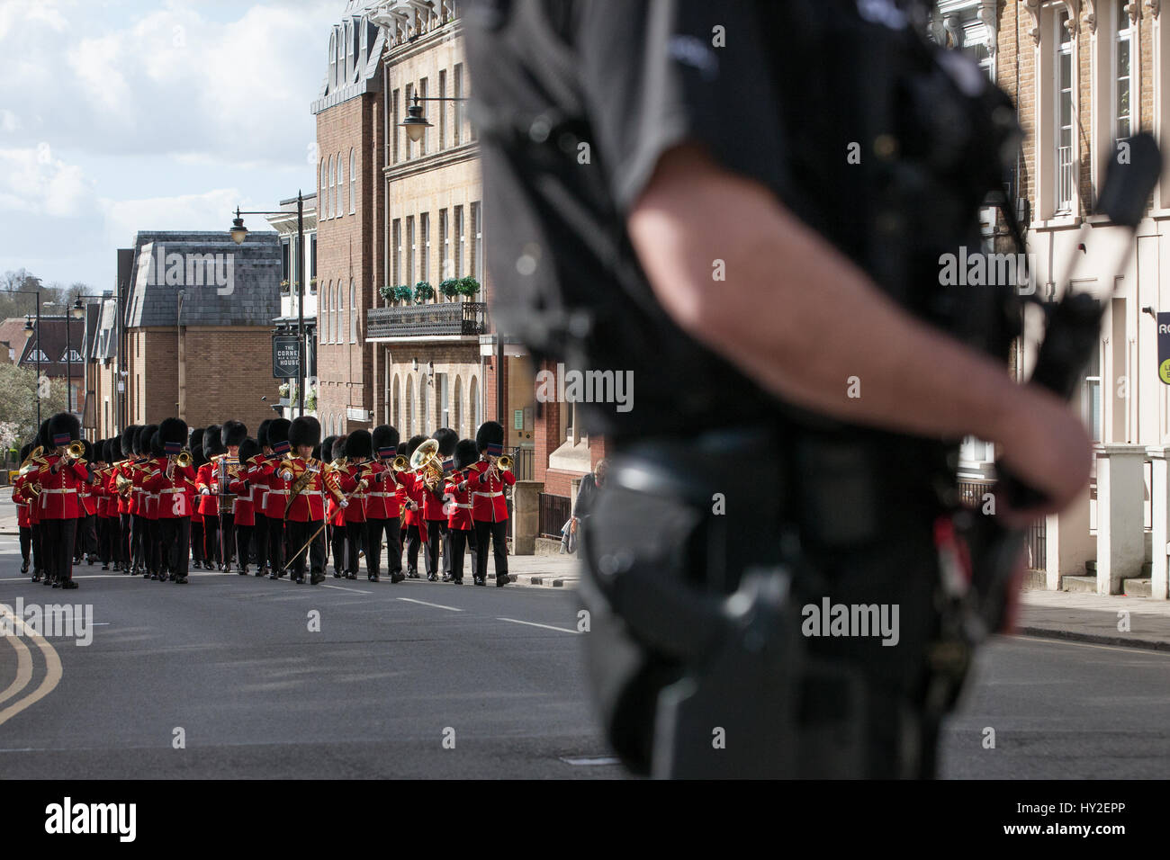 Windsor, UK. 1st April, 2017. An armed police officer in position for ...