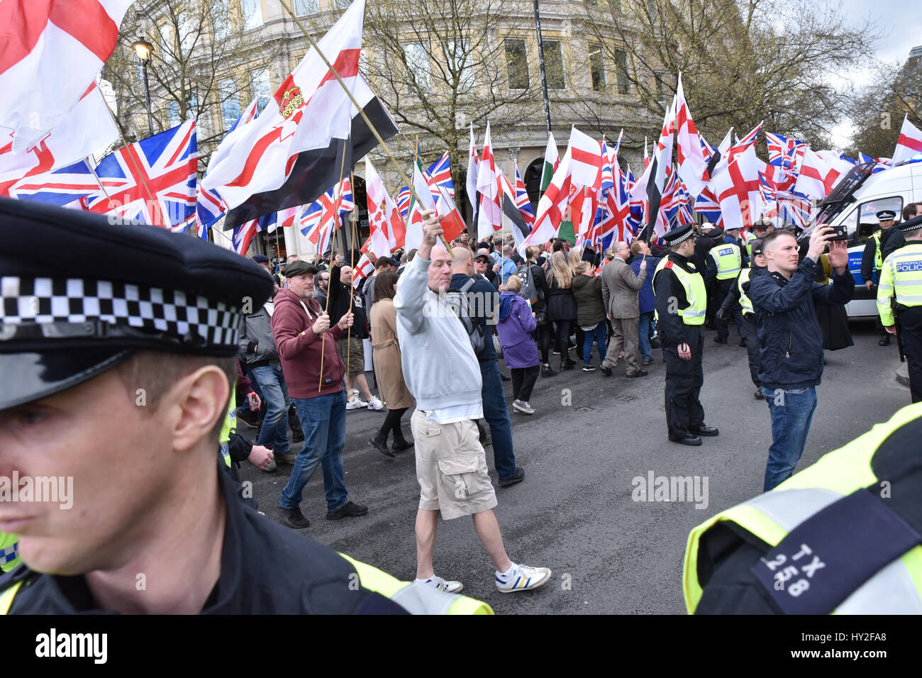 London, UK. 1st Apr, 2017. Far right groups the EDL and Britain First ...