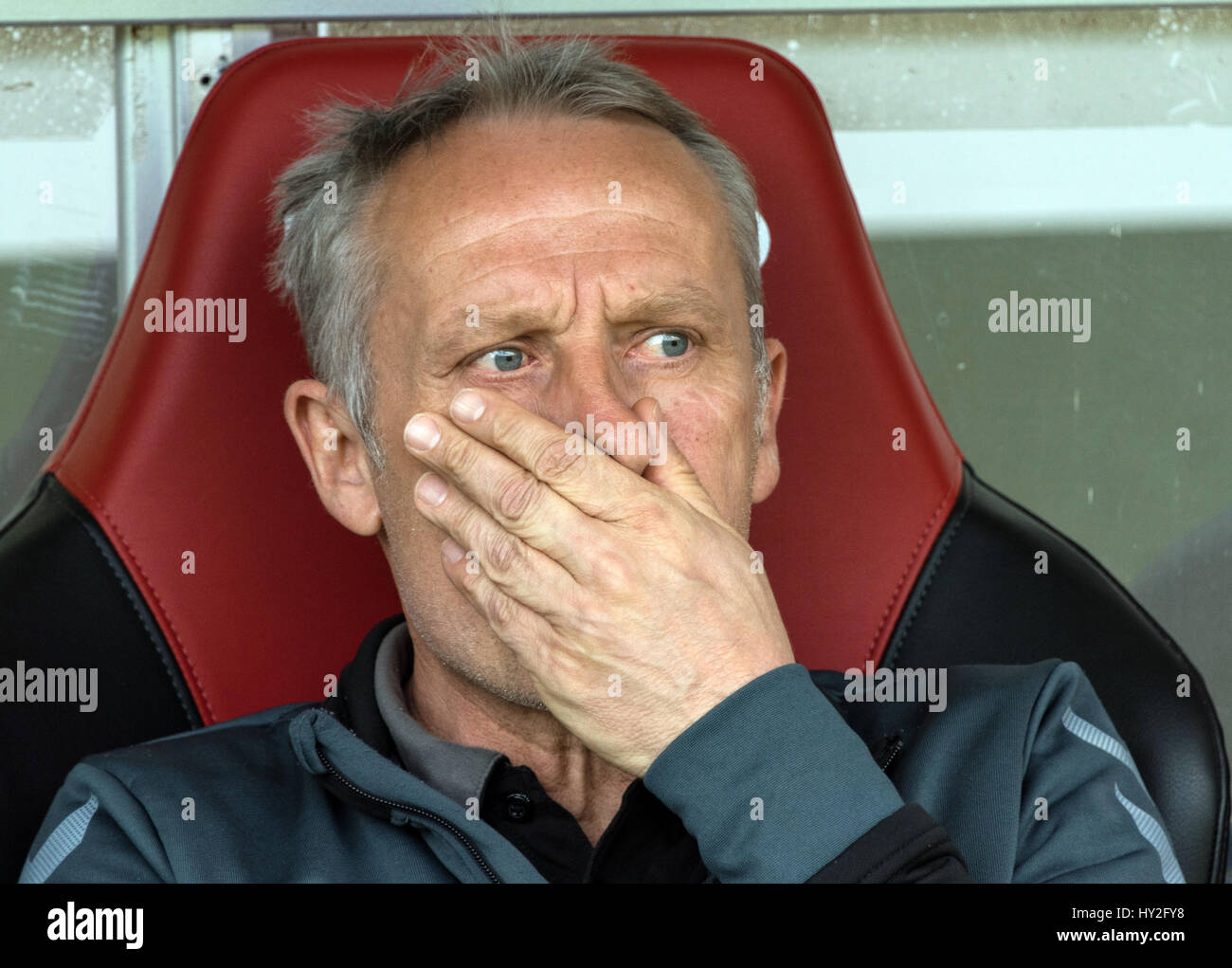 Freiburg, Germany. 1st Apr, 2017. Freiburg's coach Christian Streich ...