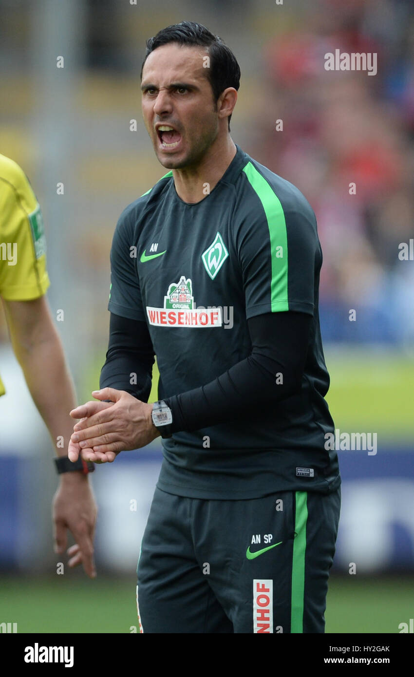 Freiburg, Germany. 1st Apr, 2017. Bremen's coach Alexander Nouri reacts ...