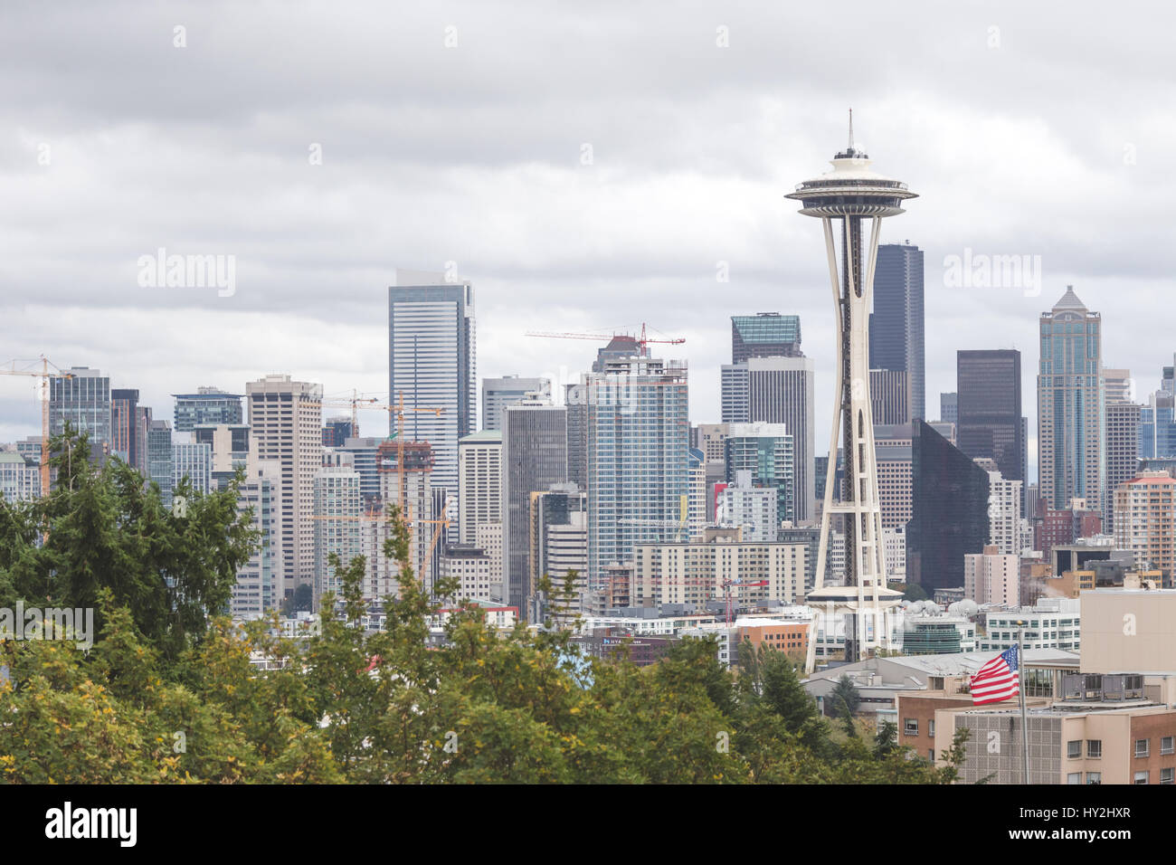 Seattle Space Needle in Seattle, Washington, USA. Skyscrapers cranes ...