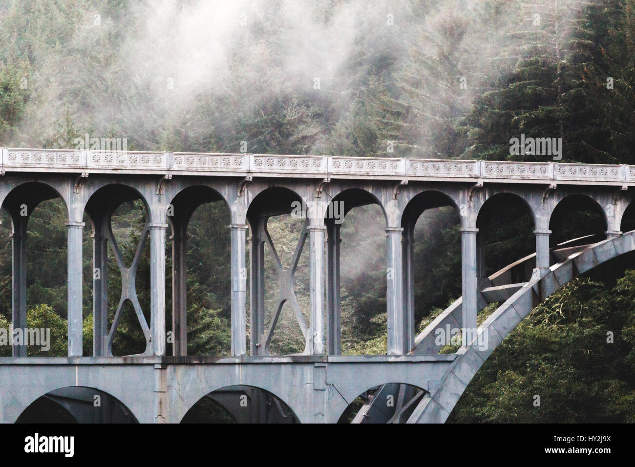 Gothic bridge in misty, rainy weather on the Oregon Coast Stock Photo ...