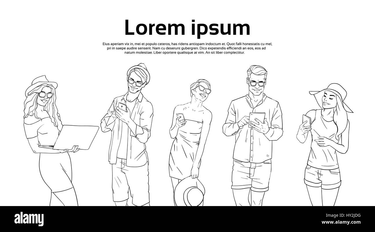 Young People Group Use Cell Smart Phone Tablet And Laptop Computer ...