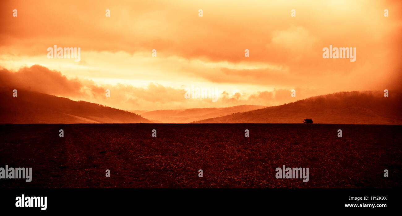 A beautiful, colorful, abstract mountain landscape in a red tonality ...