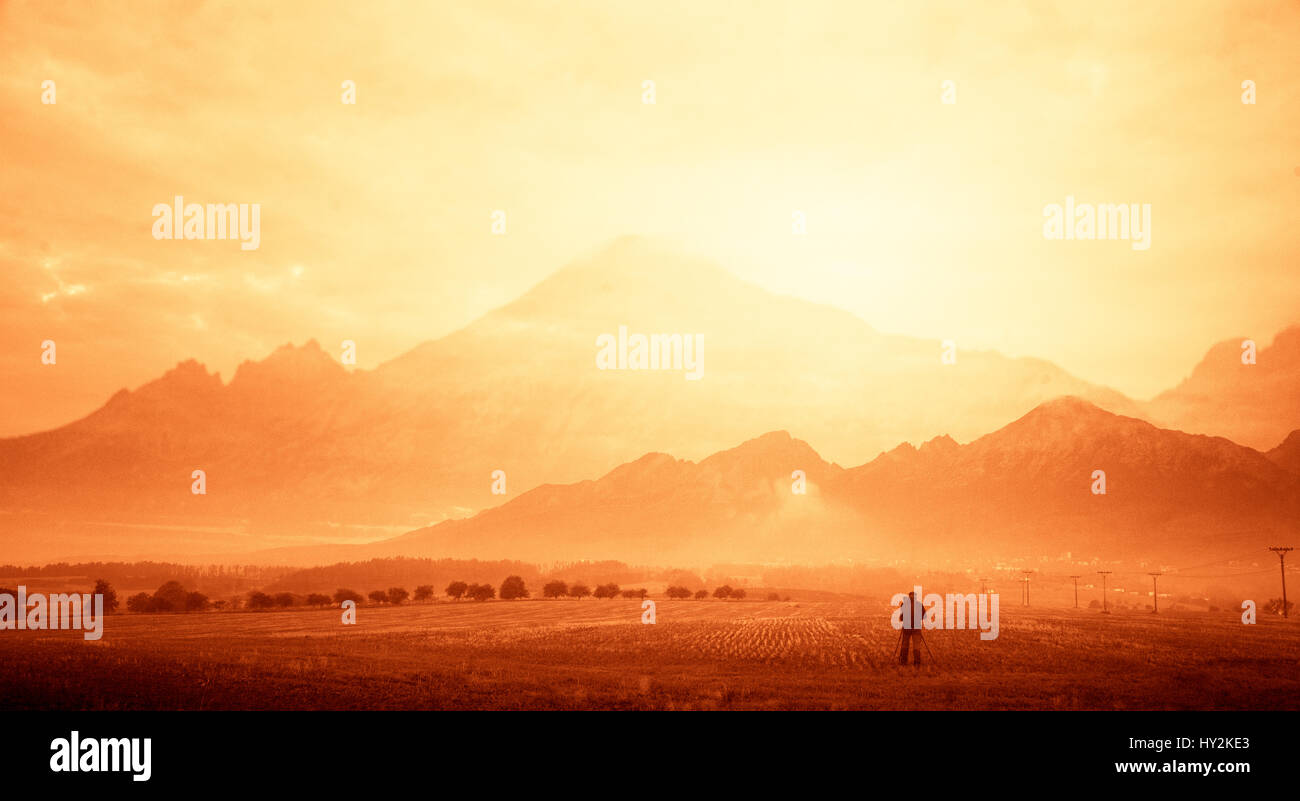 A beautiful, colorful, abstract mountain landscape in a red tonality ...