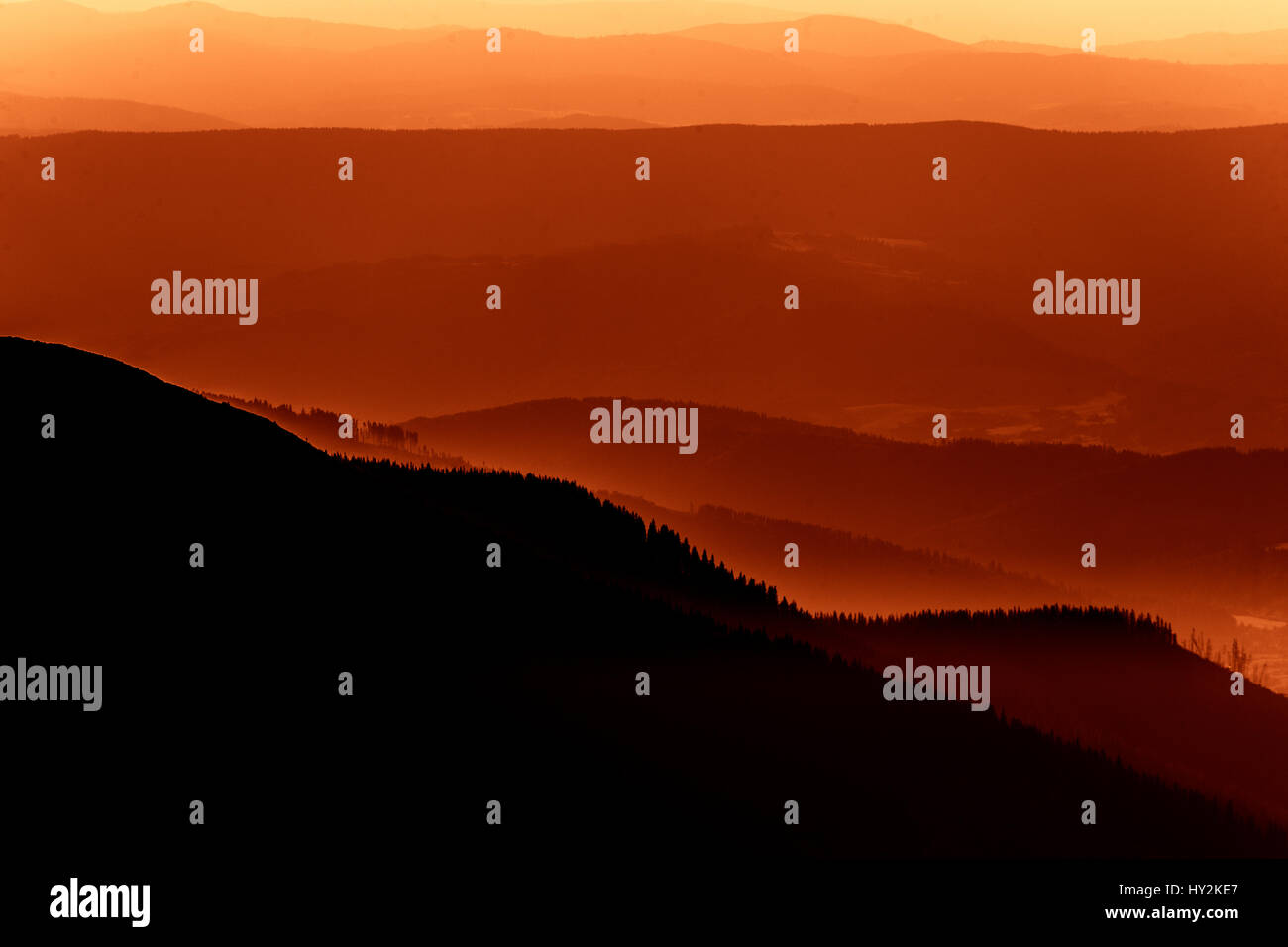 A beautiful, colorful, abstract mountain landscape in a red tonality ...