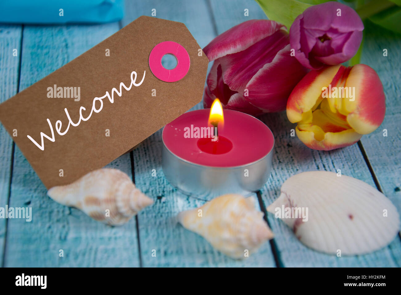 Welcome sign with tulips Stock Photo - Alamy