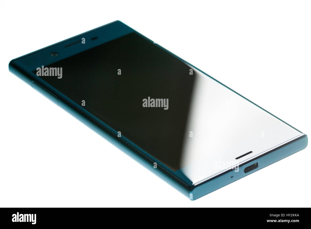 Smartphone in turquoise colour, front mirror touch screen in black ...