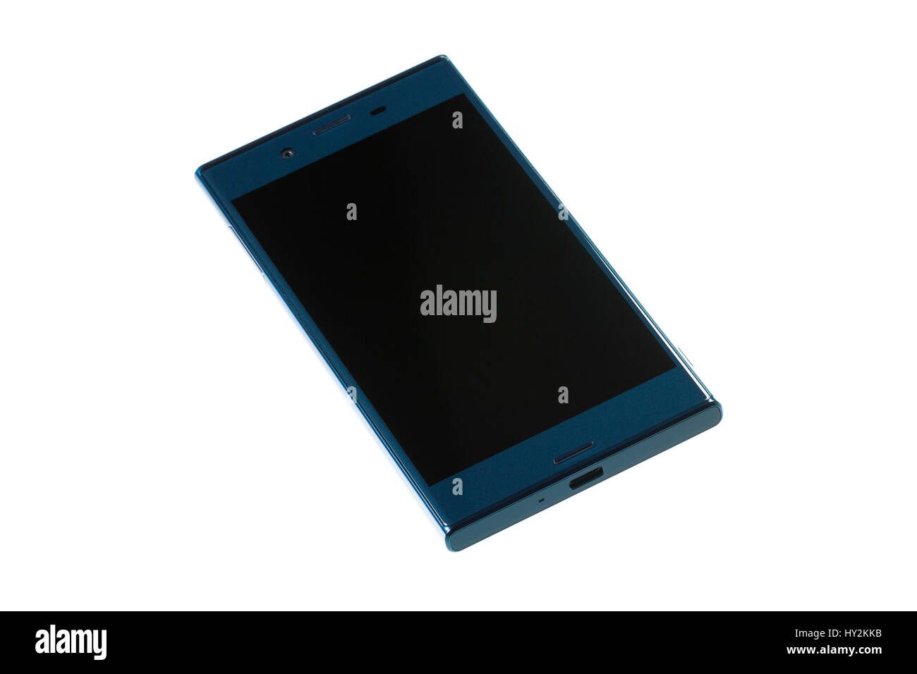 Smartphone in turquoise colour, front mirror touch screen in black ...