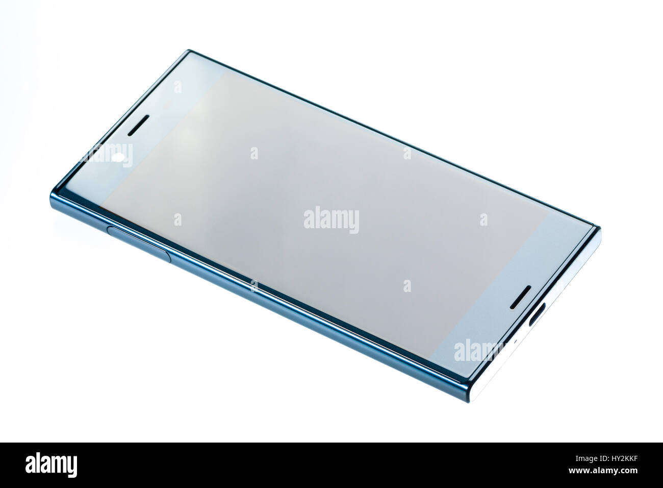 Smartphone in turquoise colour, front mirror touch screen in black ...