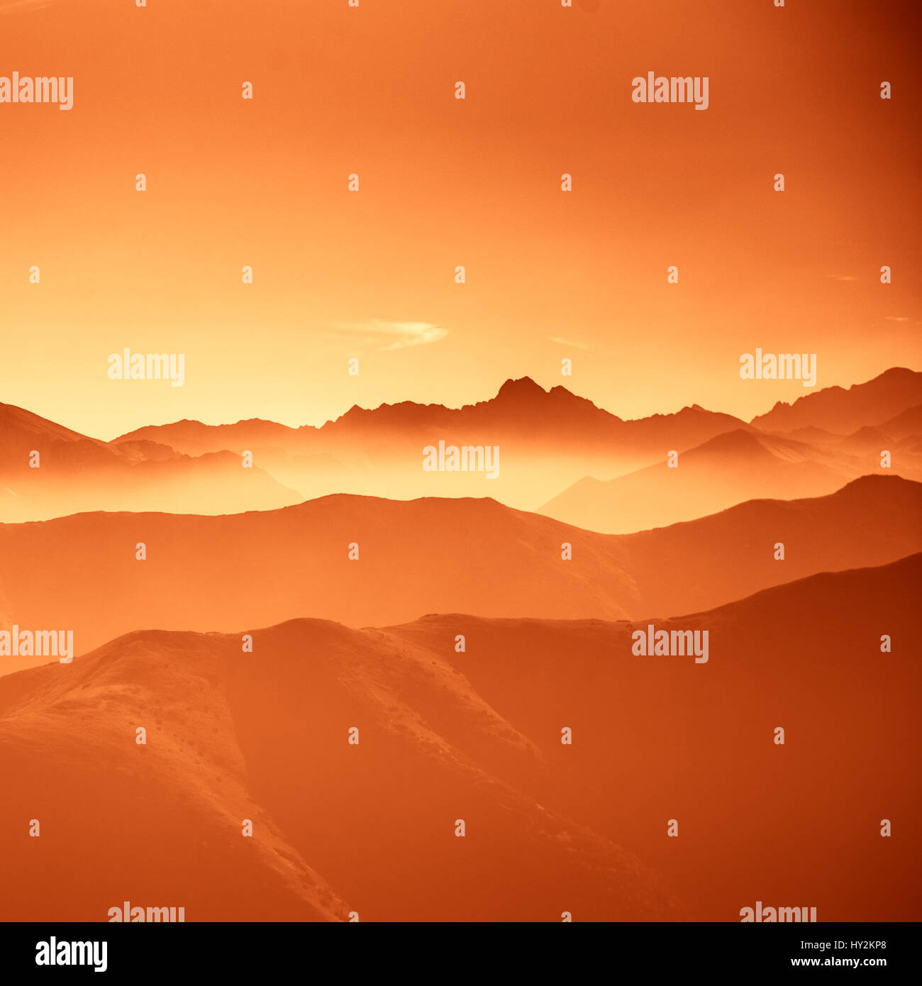 A beautiful, colorful, abstract mountain landscape in a red tonality ...