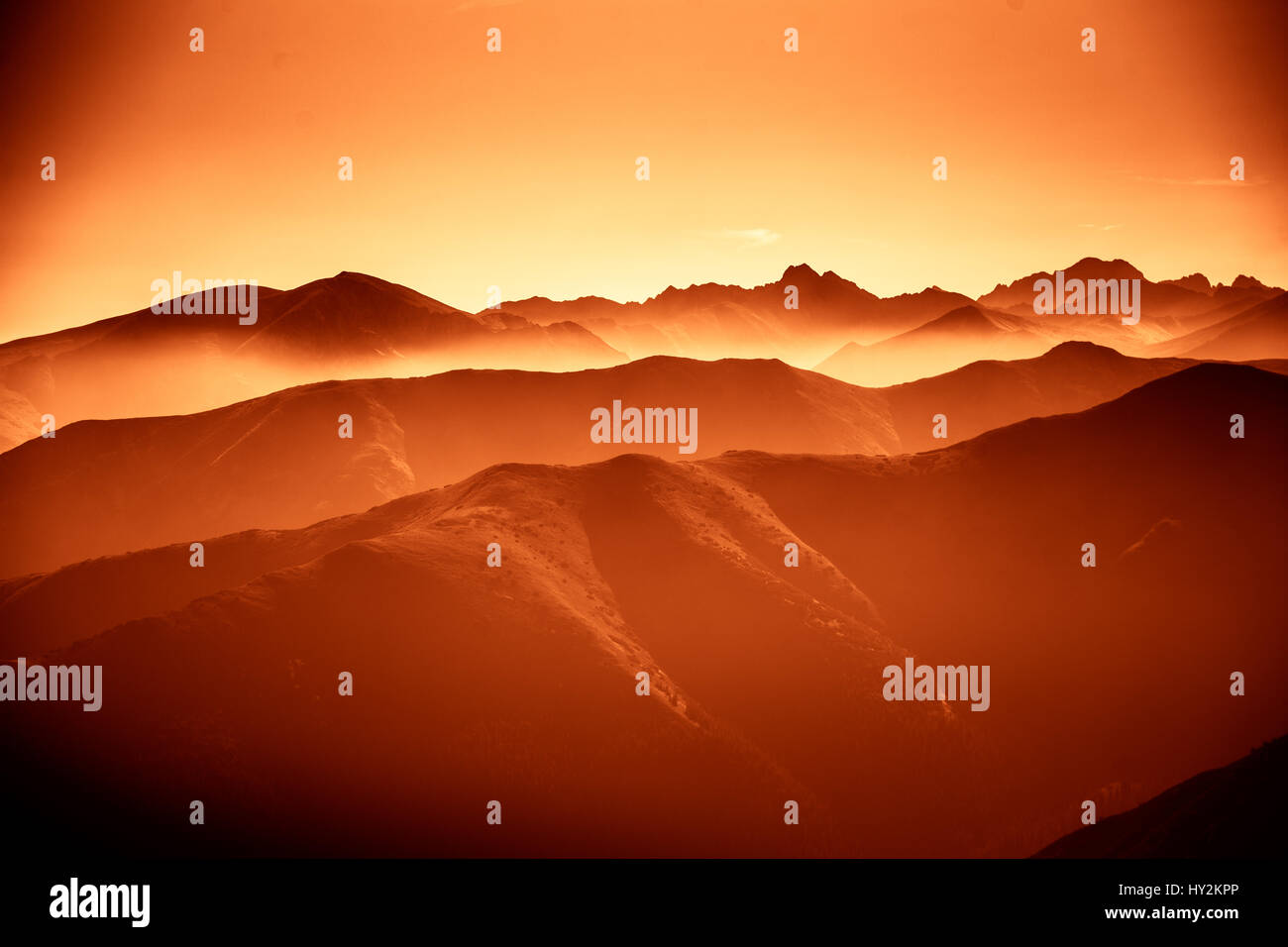 A beautiful, colorful, abstract mountain landscape in a red tonality ...