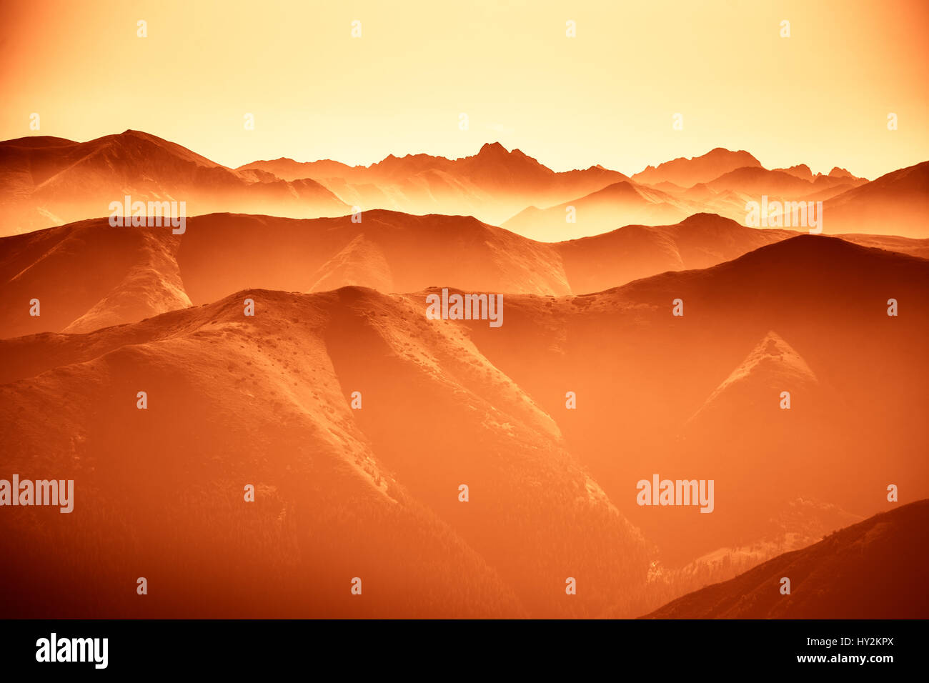 A beautiful, colorful, abstract mountain landscape in a red tonality ...