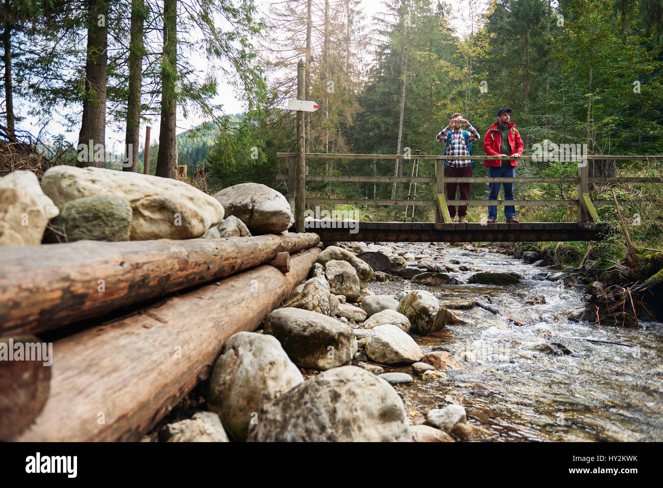 Hikers photographing nature from a river bridge Stock Photo - Alamy