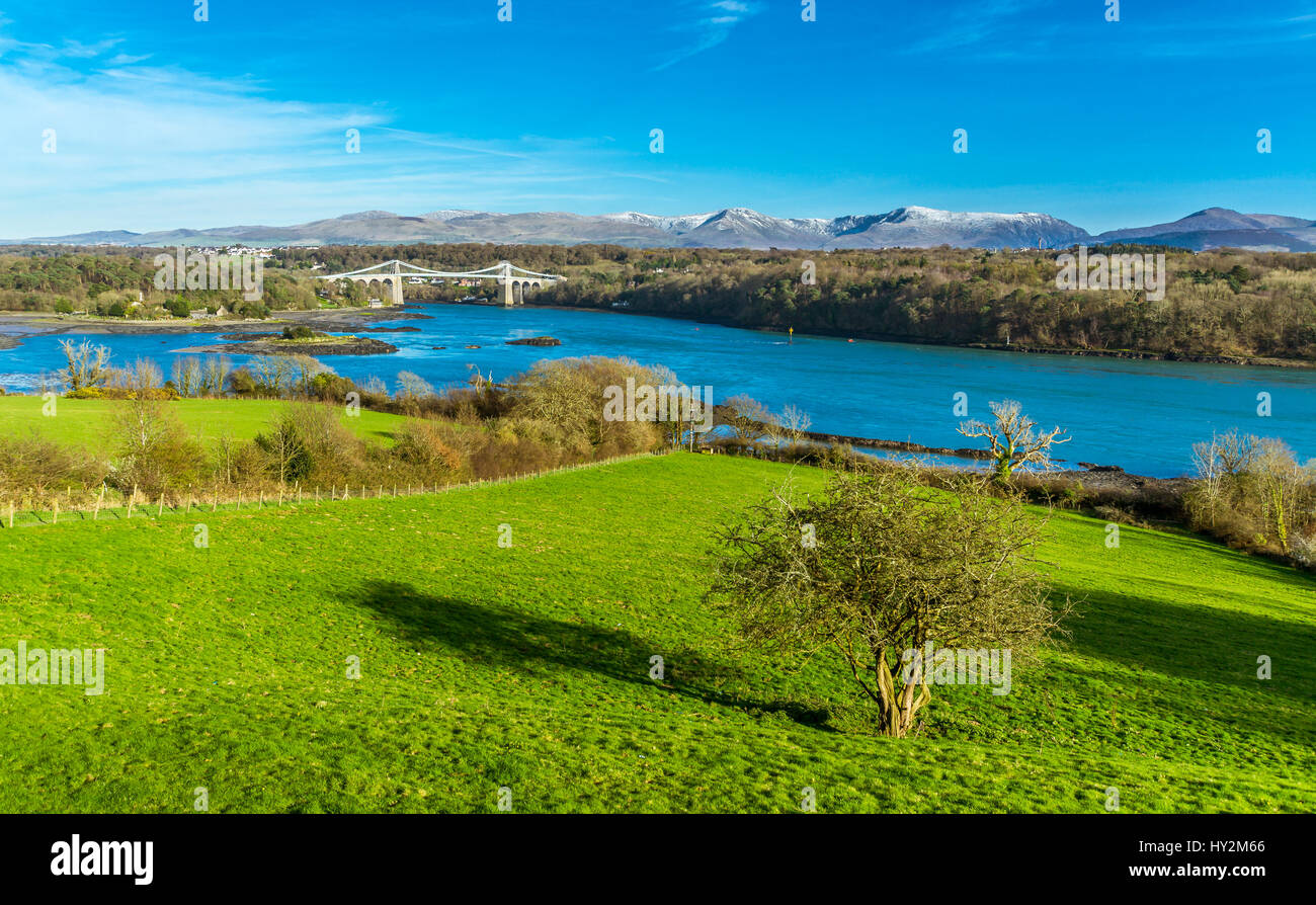 The Menai Strait with a view of the Menai Bridge from a vantage point ...