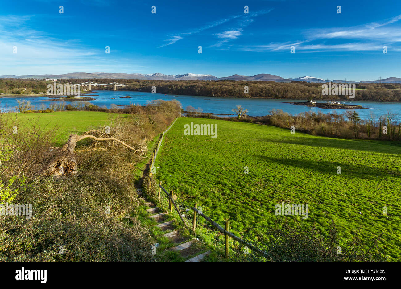 The Menai Strait with a view of the Menai Bridge from a vantage point ...