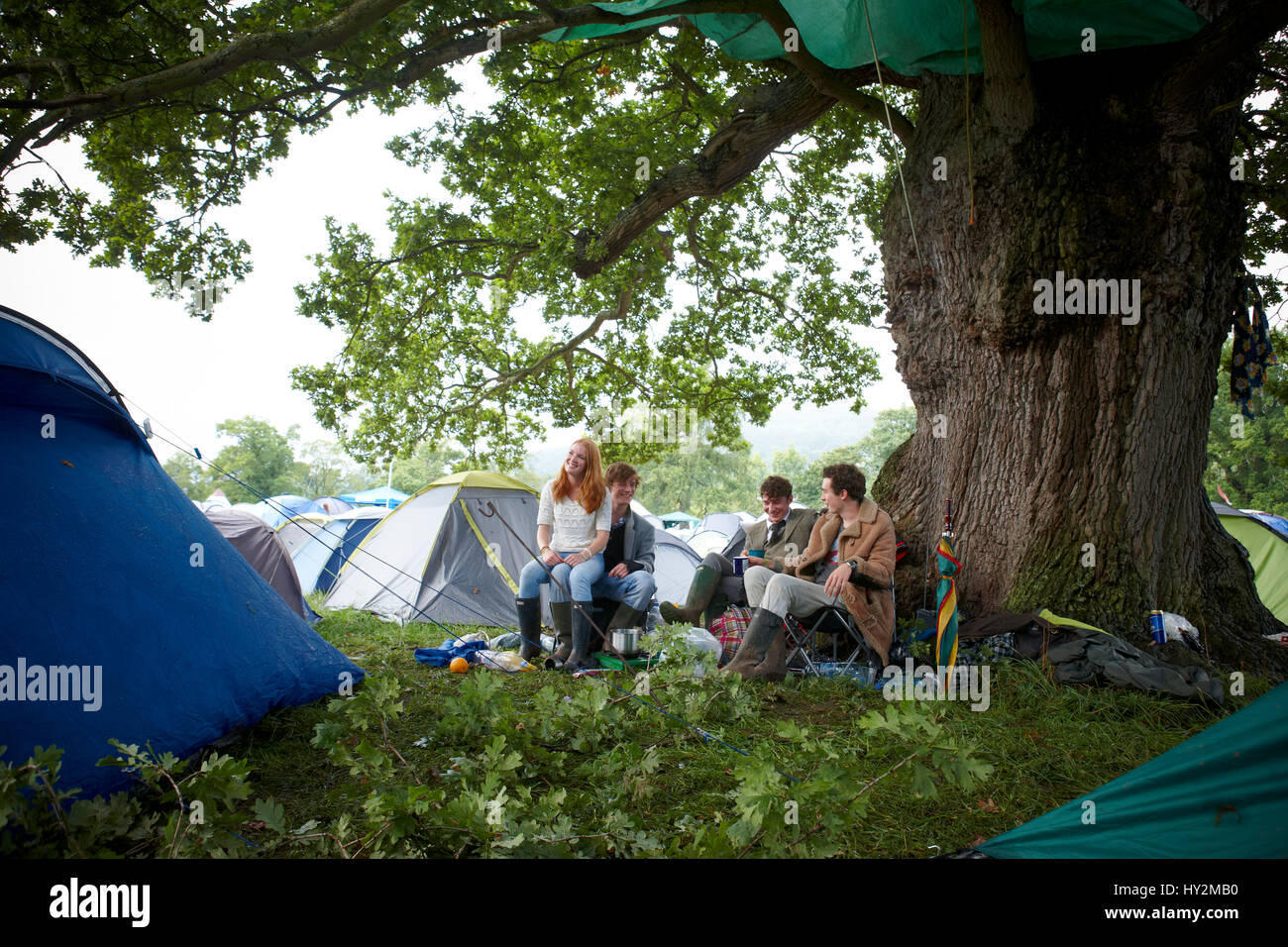 Group of people nicely dressed sitting under a tree, Green Man Festival ...