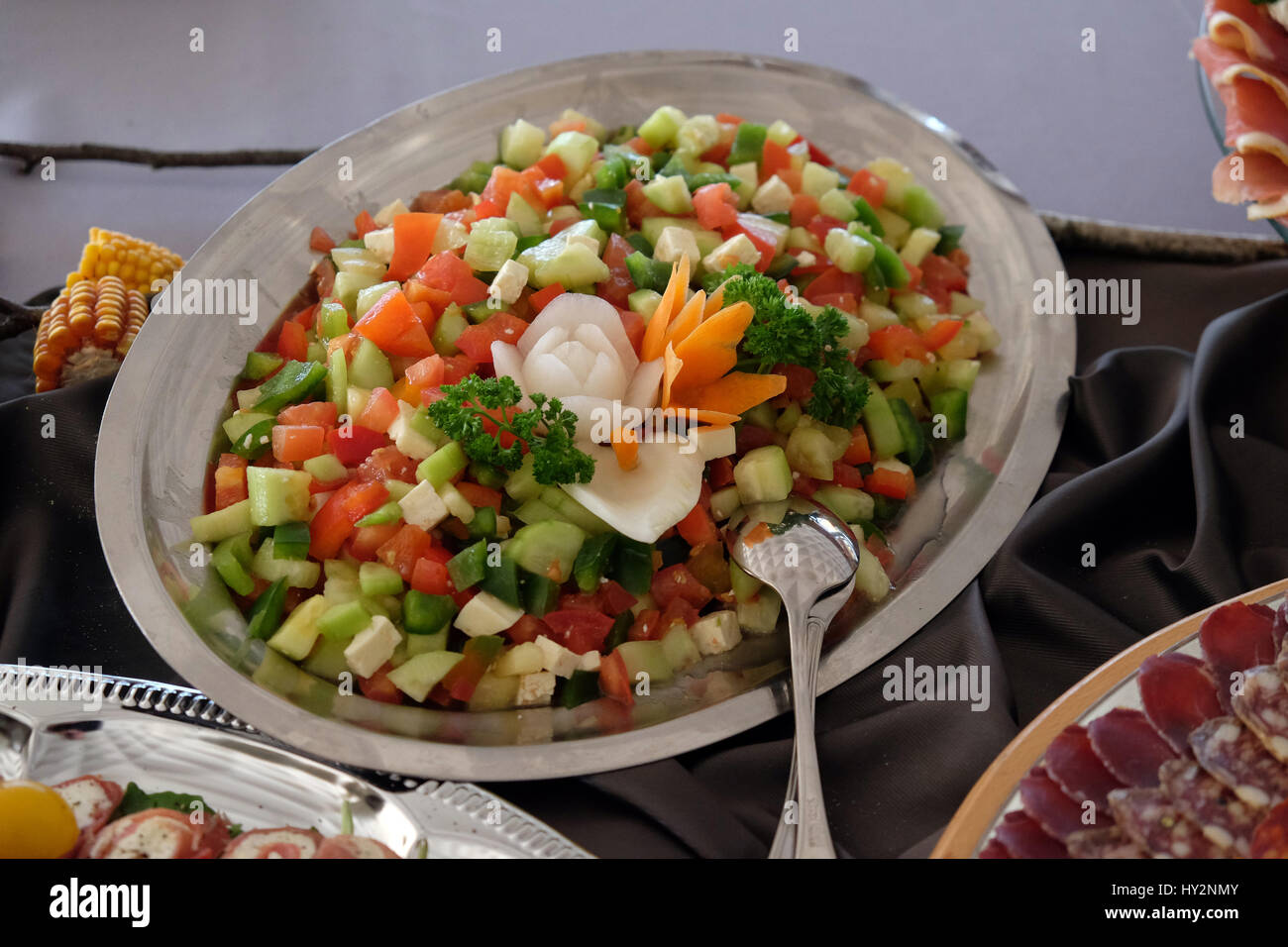 Classic Croatian plate with fine salad with cheese, pepper, cucumber ...