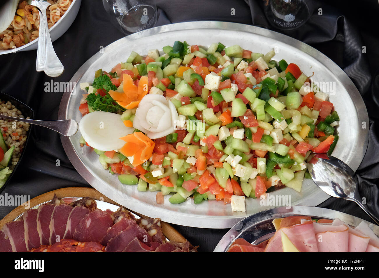 Classic Croatian plate with fine salad with cheese, pepper, cucumber ...