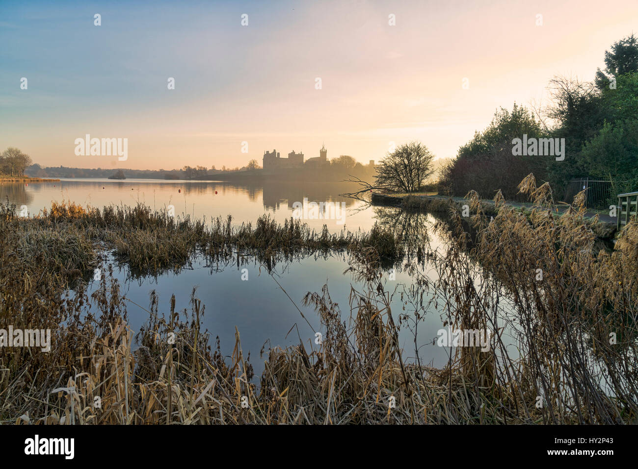 Misty morning sunrise Linlithgow loch, peel, palace, West Lothian ...