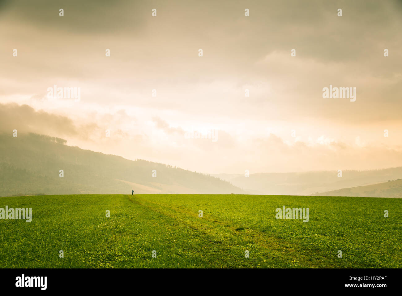A beautiful, colorful, abstract mountain landscape with a hot summer ...